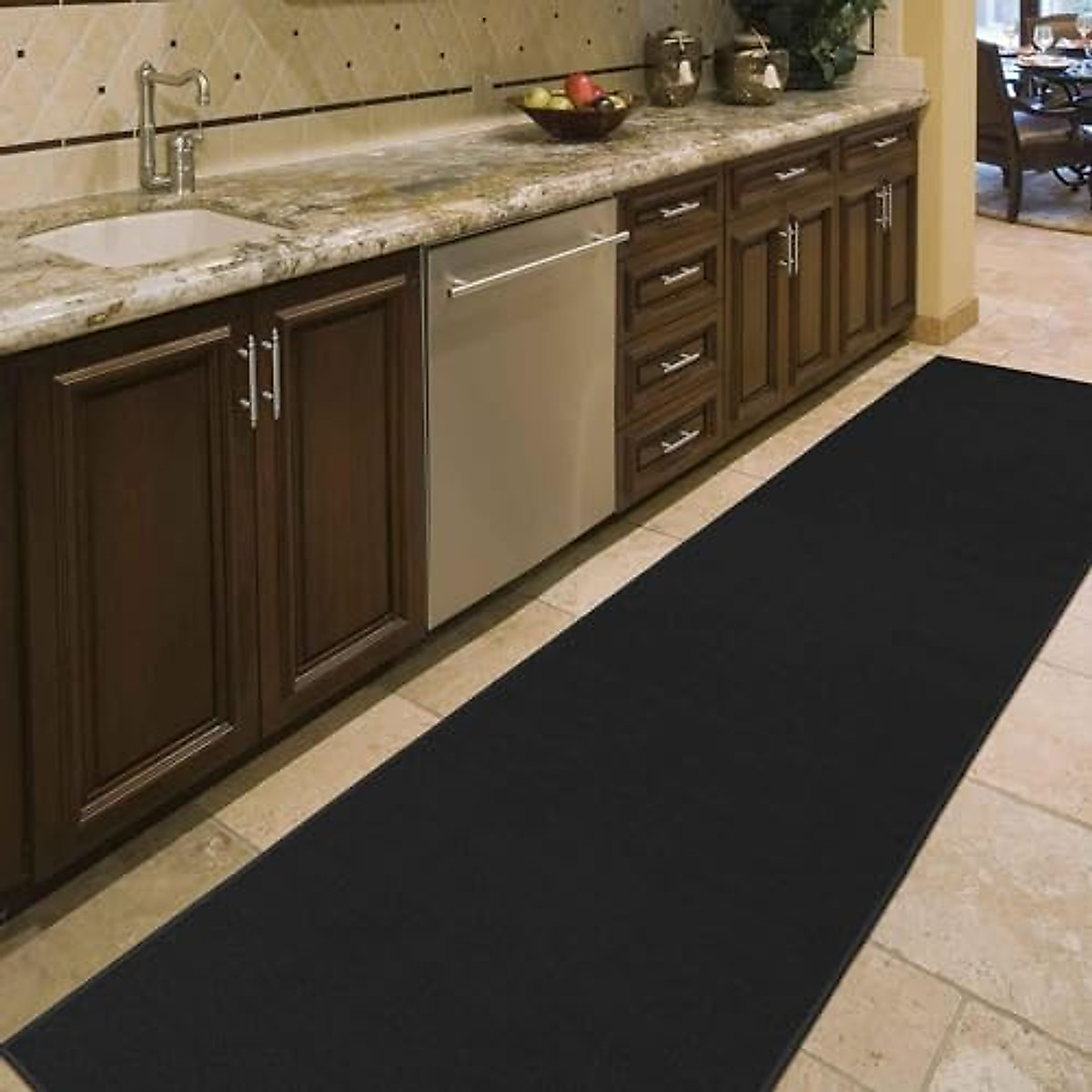 Machine Washable Modern Solid Design Non-Slip Rubberback 2x12 Traditional Runner Rug for Hallway, Kitchen, Bedroom, Living Room, 1'10" x 12', Black