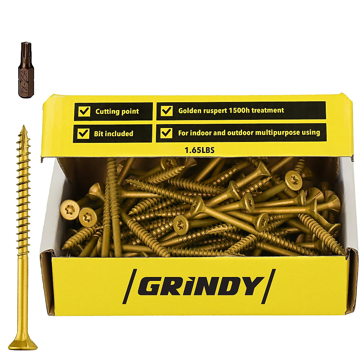 #10 x 3’’ Wood Screws by Grindy (100pack/1.6LBS) – Self-Drilling Deck Screws I Rust Resistant I Quick Drive & Fast Grip I for Cabinet, Furniture & Other Projects I T25 Star Drive I Bit Included
