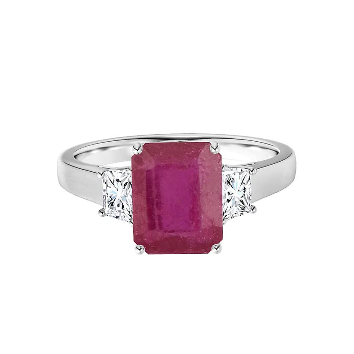 MOONEYE Classic 1.50 Ctw Radiant Cut Ruby Glass Field Gemstone 925 Sterling Silver Three Stone Promise Ring