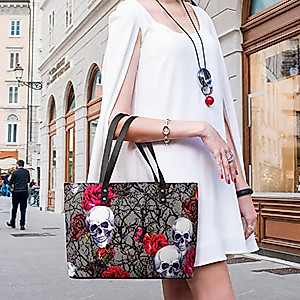 Womens Handbag Skulls Rose Flowers Leather Tote Bag Top Handle Satchel Bags For Lady