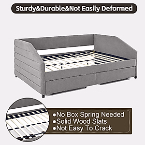 JEEOHEY Queen Size Daybed with Storage, Modern Upholstered Linen Sofa Bed with 2 Pull-Out Drawers for Apartment Living Room Guest Room, Solid Wood Trundle Day Bed Frame, No Box Spring Needed, Grey