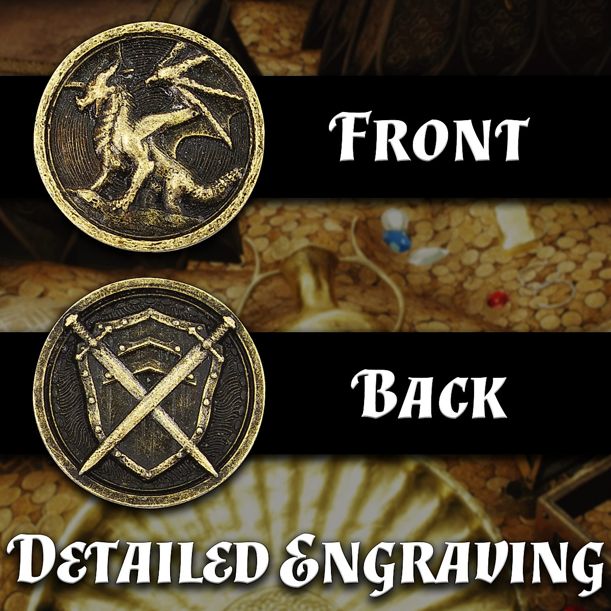 CASEMATIX Metal Coins and Pouch for Tabletop RPG Board Games - 100 DND Coins Fantasy Coins with Dragons & Sword and Shield Engraving, Metal Tokens for Board Games with PU Leather Bag