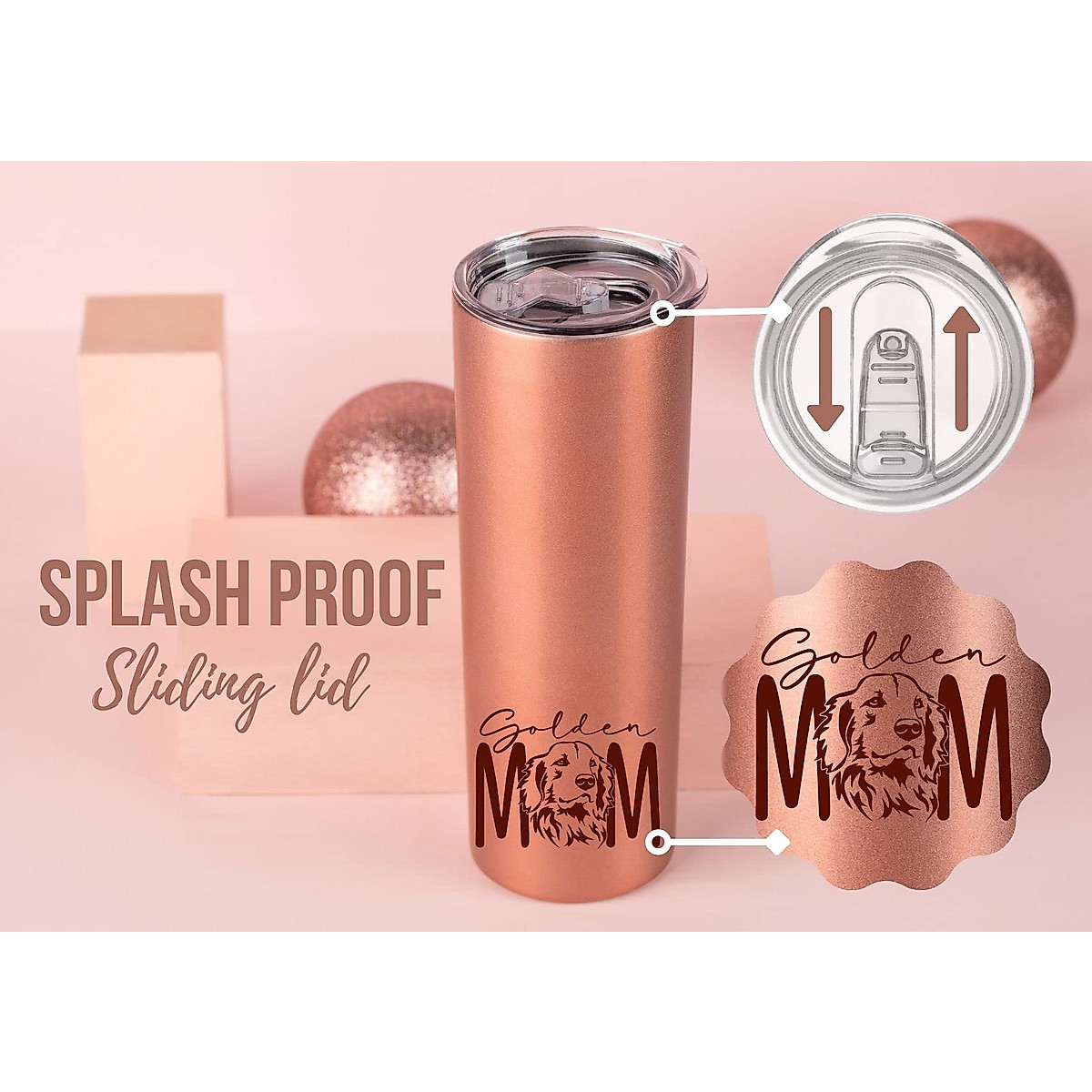 Onebttl Golden Retriever Gifts, Dog Lover Gifts, Gifts for Dog Mom, Dog Owner, Women, Girls, Friends, Daughters, Coworkers, 20Oz Skinny Tumbler, Golden Retriever Mom, Rose Gold