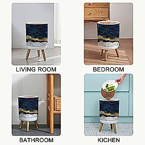 Small Trash Can with Lid Abstract White Blue Marble with Golden Veins Fake Stone Texture Liquid Round Recycle Bin Press Top Dog Proof Wastebasket for Kitchen Bathroom Bedroom Office 7L/1.8 Gallon