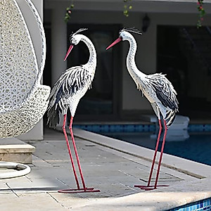 TERESA'S COLLECTIONS 3D Heron Garden Statues Sculptures Yard Decor Outdoor, 38-45 Inch Large Crane Statues Decoy, Bird Metal Yard Art Lawn Ornaments for Pond Patio Backyard Decorations Set of 2