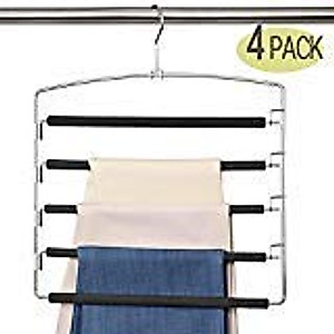 Meetu Pants Hangers 5 Layers Stainless Steel Non-Slip Foam Padded Swing Arm Space Saving Clothes Slack Hangers Closet Storage Organizer for Pants Jeans Trousers Skirts Scarf Ties Towels (4 Pack)