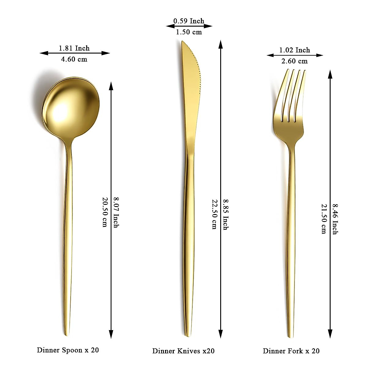 Evanda Gold Silverware Set 60 Piece Service for 20, Titanium Gold Plated Stainless Steel Flatware Set, Knives Forks Spoons Cutlery Set for Wedding, Parties, Birthday, Restauroom, Dishwasher Safe