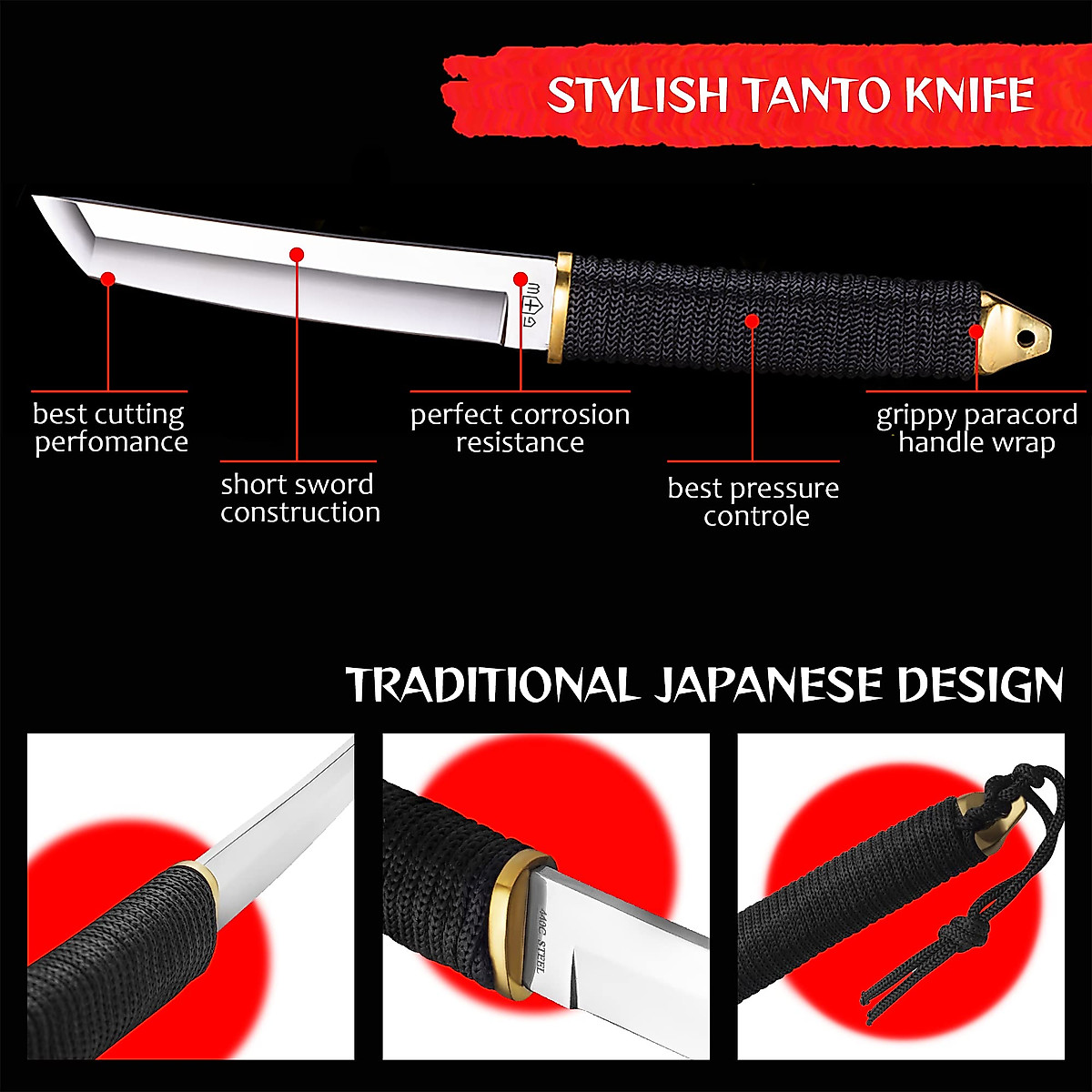 Grand Way Bundle of 2 Items - Japanese Fixed Blade Tanto Knife - 5,9" Polished Sharp Blade - Knives with Paracord Handle - Hiking Hunting Knofe - Sharp Blade Tool - Birthday Christmas Gifts for Men