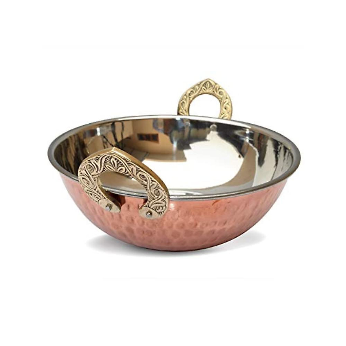 Genx Set of 4, Indian Copper Serveware Karahi Vegetable Dinner Bowl with Solid Brass Handle for Indian Food, Diameter- 13 Cm (5.2 Inches)