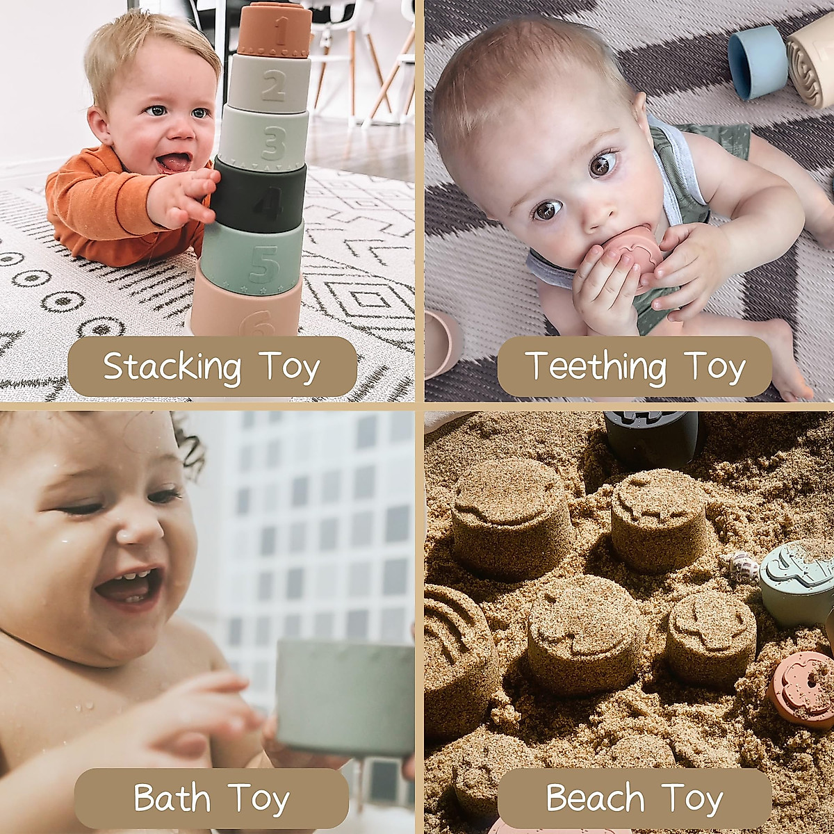 Moonkie Stacking Cups Toy, Fun Educational Baby Toys Silicone Soft Teething Toy, Age 6+ Months, 7 Piece Set