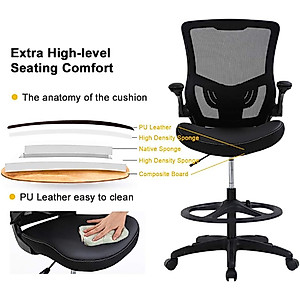 Drafting Chair Ergonomic Tall Office Chair Standing Desk Chair with Flip Up Arms Foot Rest Back Support Adjustable Height Mesh Drafting Stool, Black
