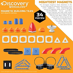 Discovery #MINDBLOWN Customizable Magnetic Building Tiles with Remote Control, 34-Piece Play Set, Build 3 Intergalactic Models, Includes 2 Powered Motors, STEM Toy for Boys and Girls
