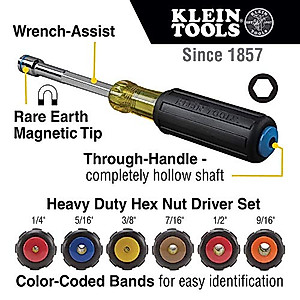 Klein Tools 635-6 Tool Set, Heavy Duty Magnetic Nut Drivers SAE Sizes 1/4, 5/16, 3/8, 7/16, 1/2, and 9/16-Inch Hex, 6-Inch, 6-Piece