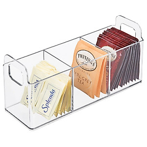 mDesign Plastic Condiment Organizer and Tea Bag Holder - 9" Long Kitchen Pantry/Countertop Storage Caddy - Divided Chip, Snack, Granola, Oatmeal Packet Holder - Lumiere Collection - 2 Pack - Clear
