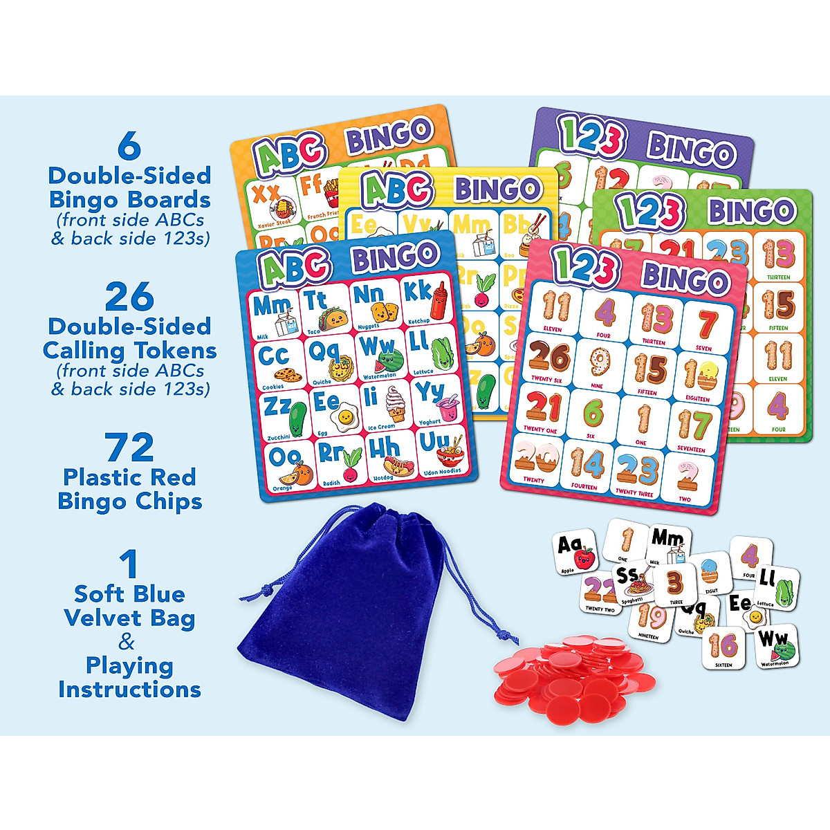 Party Hearty Alphabet and Number, ABC and 123 Bingo Board Game for Kindergarten and Preschool Kids Learn to Read Fun 2 Versions for Ages 4 and Up (Food Edition)