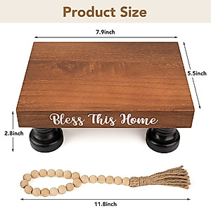 Homotte Wood Risers for Display, Wooden Square Pedestal Stand with Wooden Beads Garland, 8 Inch Small Cute Farmhouse Tray for Bathroom Decor Kitchen Sink Soap Plant Holder