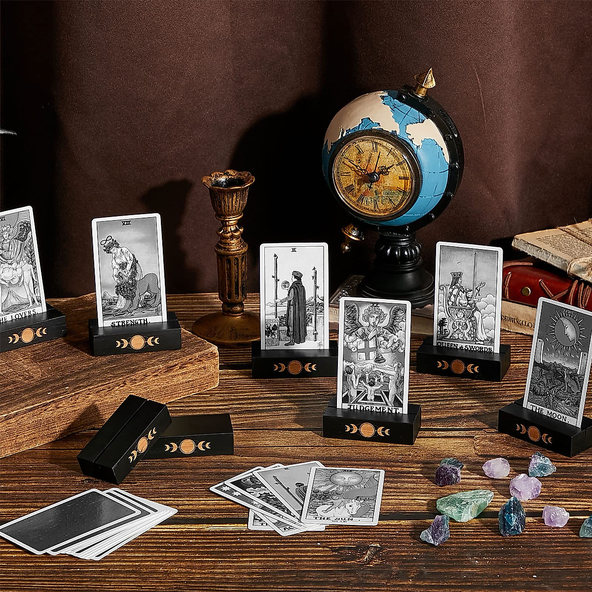 12 Pcs Wood Card Holders Moon Phase Card Display Wood Sign Holders Table Number Holder Stands Name Card Holder for Wedding Party Events Decoration