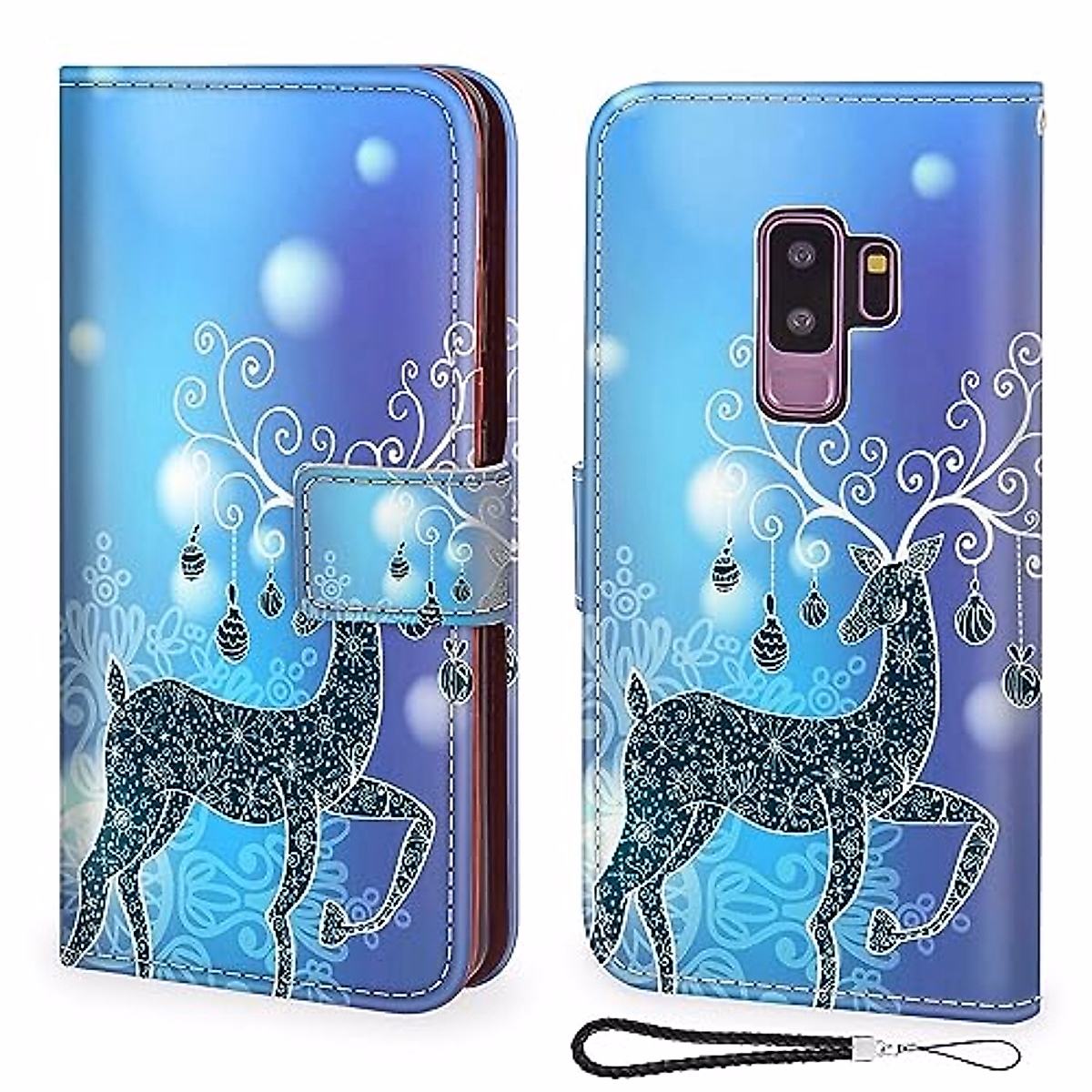 Wallet Case for Samsung Galaxy S9 Plus, PU Leather with Cash Card and Wrist Strap Christmas Deer for Cell Phone Case Fits Samsung Galaxy S9 Plus (2018) [6.2"]