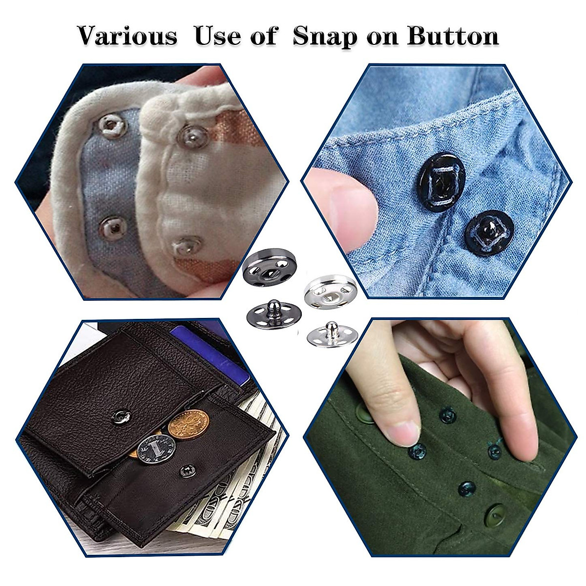 Fuman Forest 100 Sets Sew-on Snap Buttons Metal Snaps Fasteners Press Studs Buttons for Sewing, 8.5 mm,10 mm & 12mm,Black & Silver, (Fuman-034)