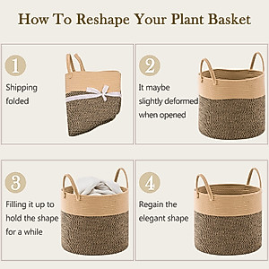 YOUDENOVA Blanket Basket Hamper for Living Room, Decorative Wicker Rope Basket for Blankets with Handles, Small Round Woven Laundry Basket, Cute Jute Hamper for Baby, Bedroom, Brown, 16" W × 14"L…