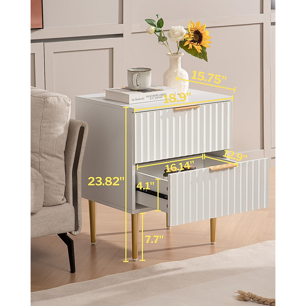 SICOTAS White Night Stand Set 2, Wide Fluted Nightstand with 2 Drawers, Modern Glossy Storage Bedside Table for Bedroom, End Side Table with Golden Metal Legs and Handles（2, White）