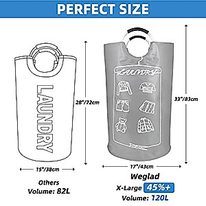 Laundry Baskets with Padded Handles Collapsible Dirty Clothes Hamper Heavy Duty XL Laundry Bag for Bedroom, Bathroom, College Dorm and Toys Organization, Grey, 120L, Weglad