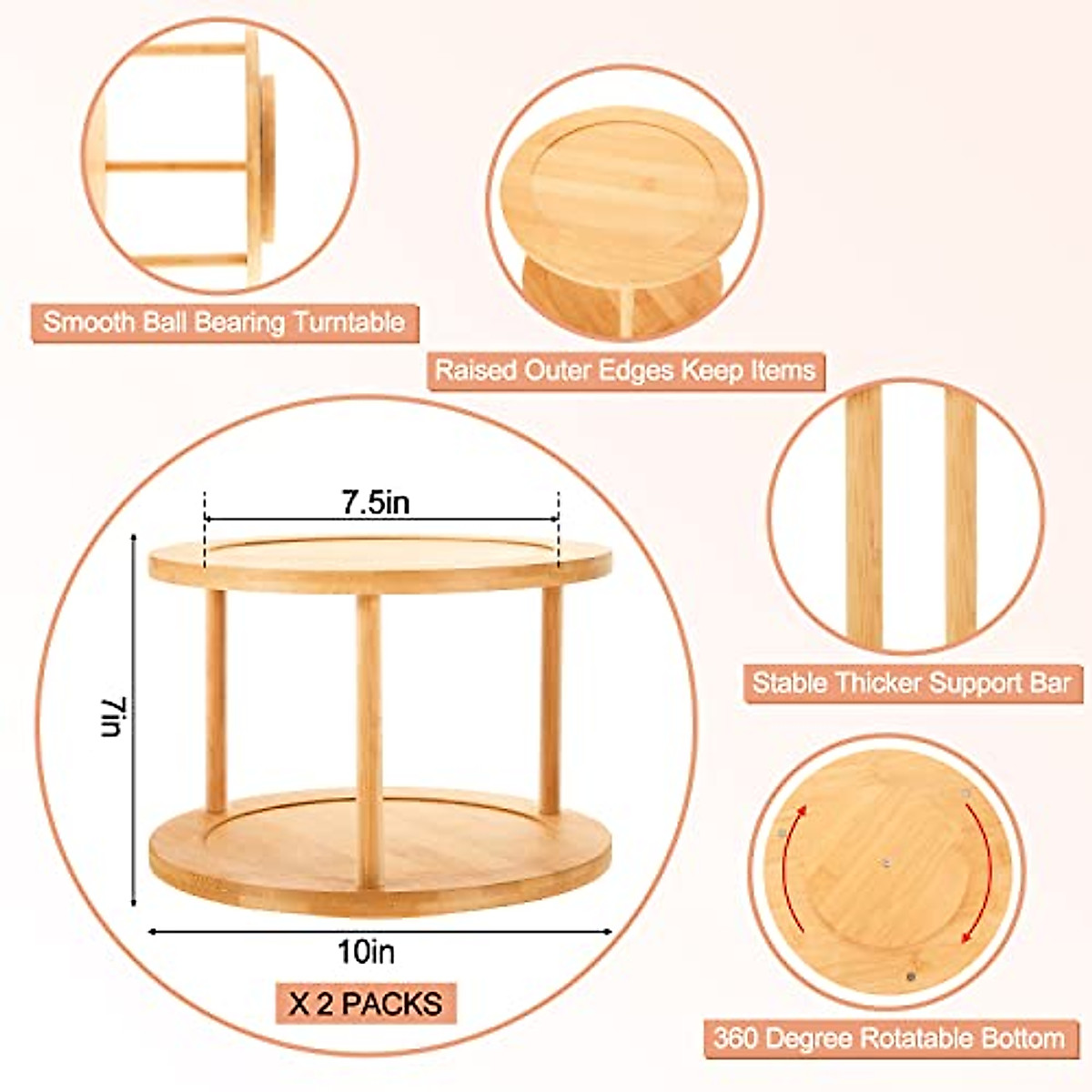 2 Pcs 2 Tier Bamboo Lazy Susan Turntable for Cabinet 360 Degree Spinning Spice Rack Organizer for Cabinet Round Tiered Lazy Susan Organizer Rotating Tray for Kitchen Bathroom Table Storage, 10 Inch