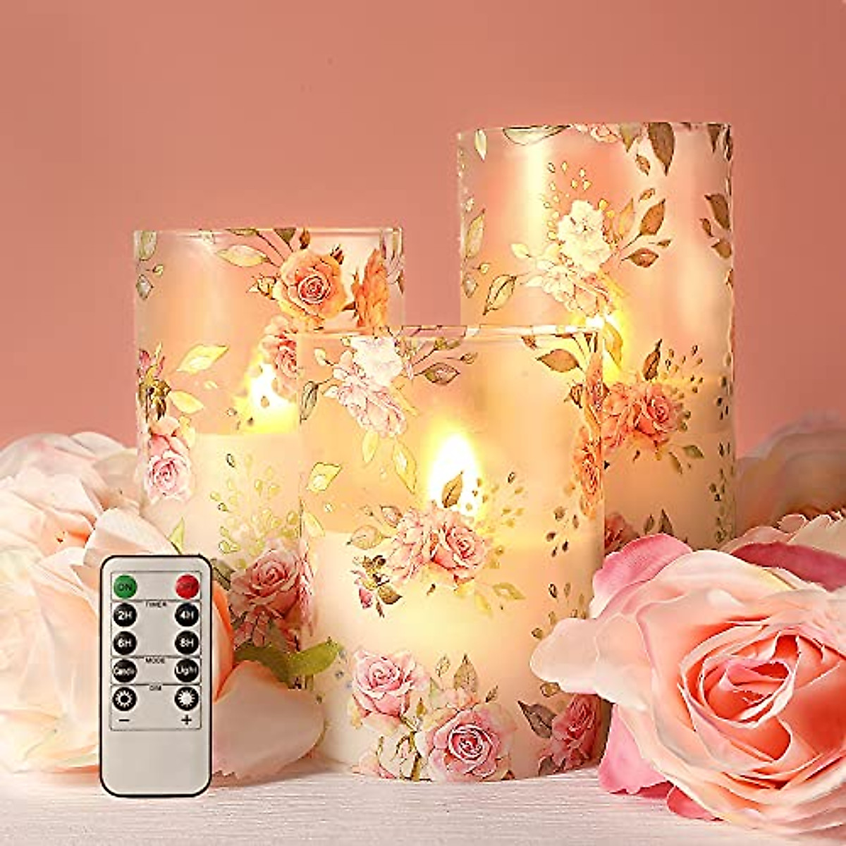 PETRISTRIKE Pink Flameless Candles with Remote & Timer, Flickering Glass Tumbler Candles, Love Themed Decor Battery Led Pillar Candles, Floral Rose Table Ornaments for Mother Gifts,Valentine's Day