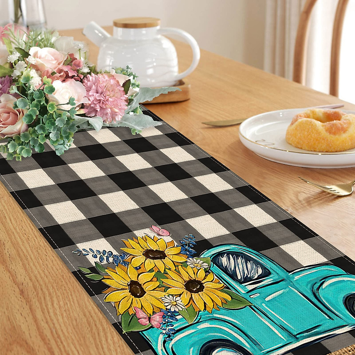 Seliem Happy Spring Blue Truck Table Runner, Black White Buffalo Check Plaid Kitchen Dining Table Decor, Sunflower Floral Flower Seasonal Burlap Farmhouse Home Decoration Party Supply 13 x 72 Inches