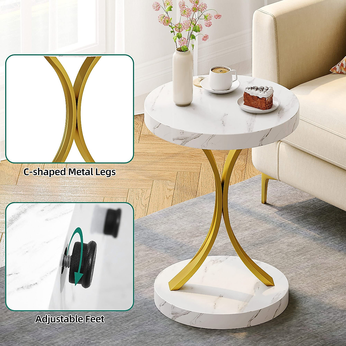 YITAHOME Round End Tables, Modern Gold Round Side Table with Faux Marble Top and Gold Metal Frame, Small End Table Accent Table Nightstand for Living Room Bedroom, Faux Marble White