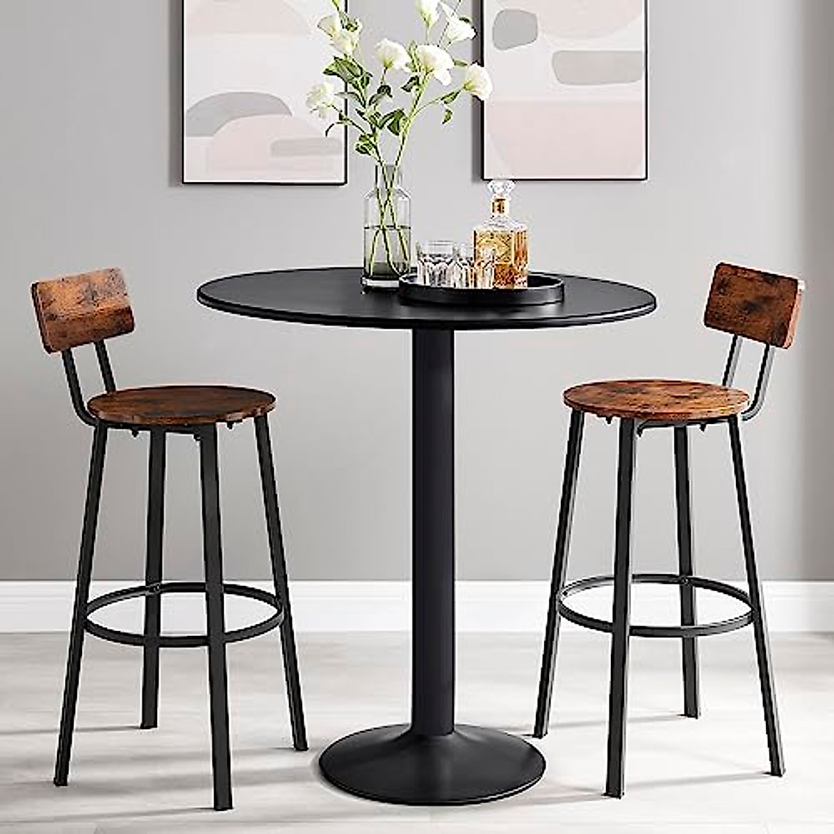 HILINSIE Bar Stools - Set of 2 Bar Chairs, Industrial Counter Stools with Backrest and Footrest, Steel Frame, 28.5 Inches Tall Seat for Kitchen, Dining Room, Bistro, Rustic Brown and Black