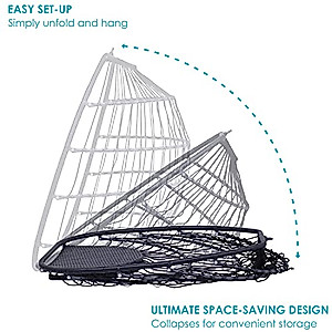 Sunnydaze Oliver Black Resin Wicker Hanging Egg Chair Swing with Gray Cushions and Steel Stand Set - Outdoor Boho Single Lounge Seat for Yard or Patio - Collapsible Nylon Rope Back Design