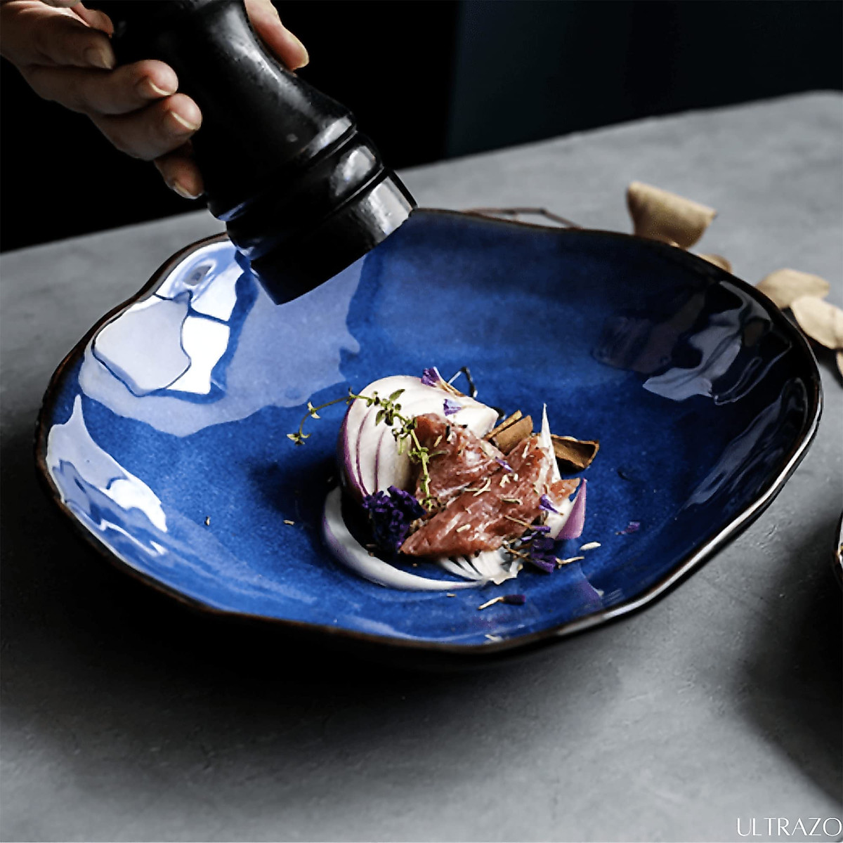 Anvirtue Cat-eye blue ceramic tableware Ocean Waves Deep Blue Plates Glaze Salad Bowl Main Dish Kitchen Supplies (M)