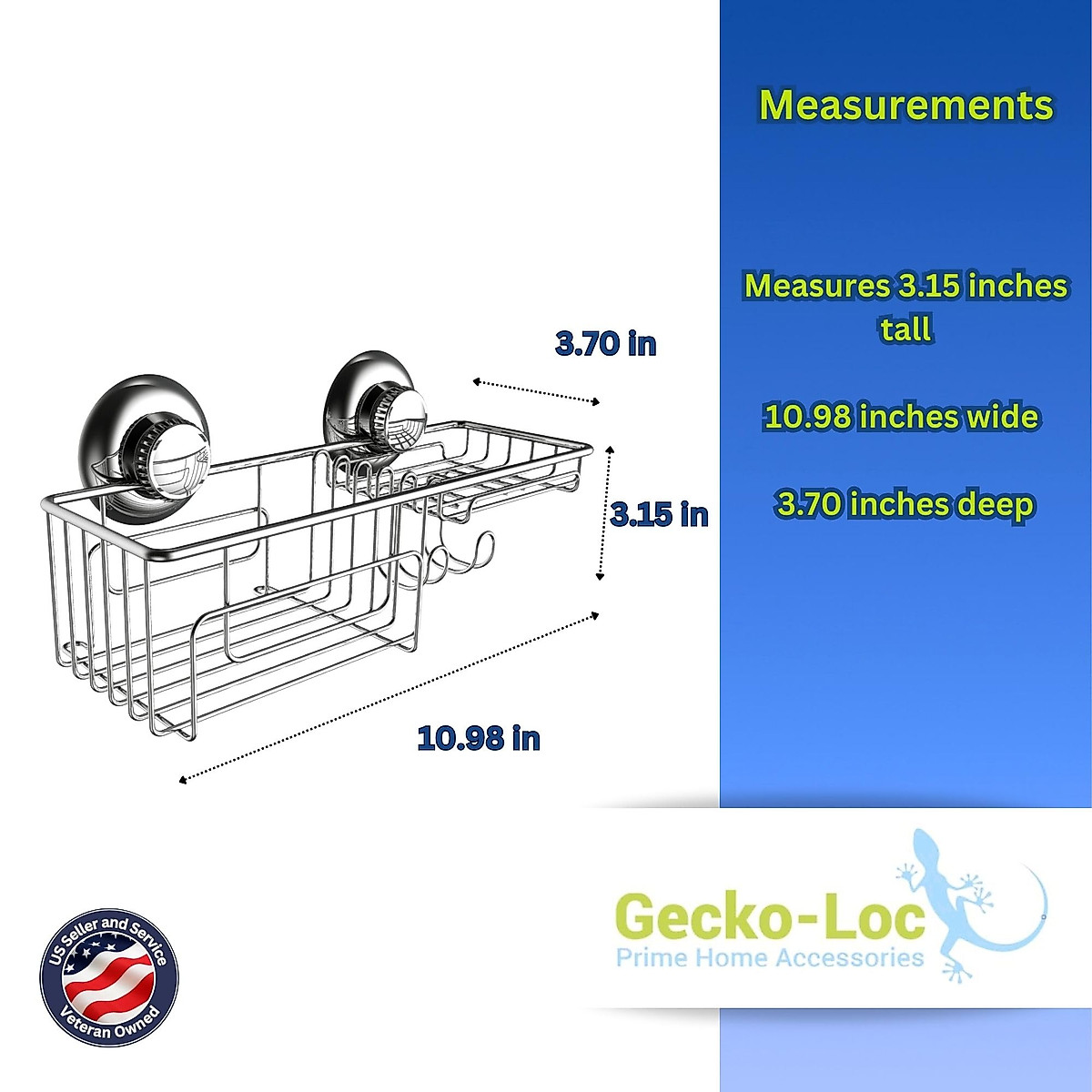 Gecko-Loc Large Combo suction cup wall mount bathroom shower caddy - shampoo storage basket shelf organizer caddie bath shelves - Silver