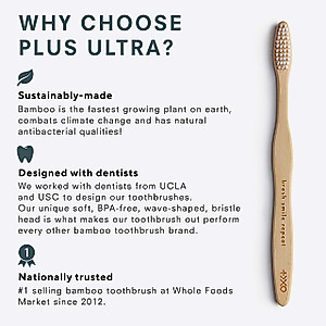 Plus Ultra Bamboo Toothbrush - BPA Free Soft Bristle Toothbrush for Adults - Dentist-Approved All-Natural Toothbrush with Brush Smile Repeat Etched on Handle