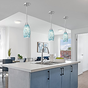 EDISHINE Pendant Light, Hand Blown Hanging Light Fixture, Adjustable Brushed Nickel Rods, Blue Glass Pendant Lighting for Kitchen Island, Sink, Bathroom, Dining Room