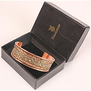 Touchstone handcrafted copper bracelet. Hand forged with solid and high gauge Tibetan style engraved cuff pure copper jewelry for women men. Beautiful embossed design.