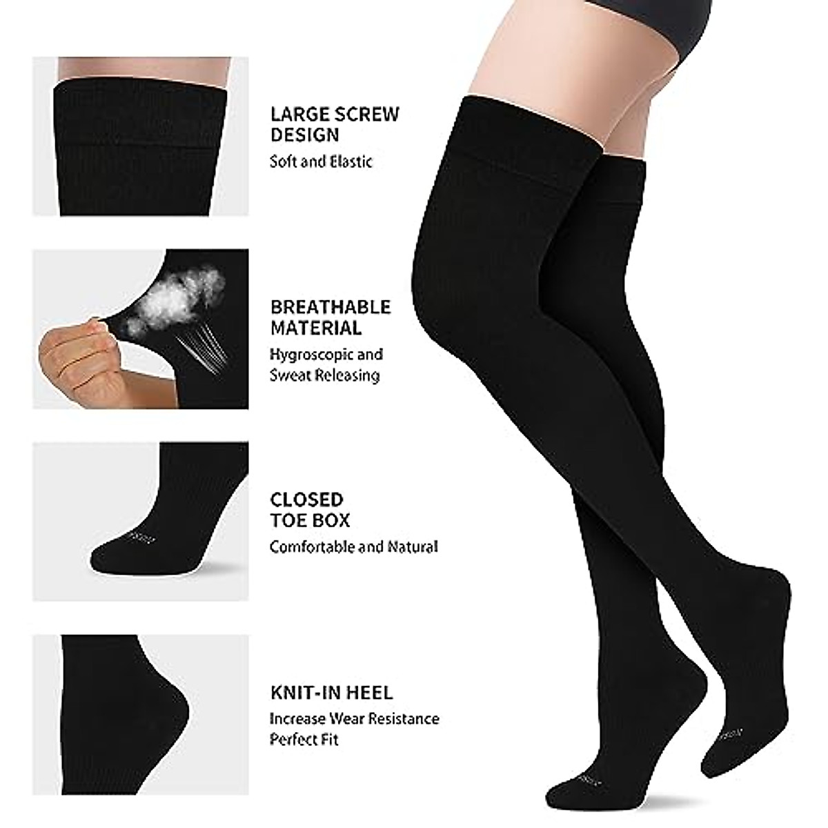LEVSOX Thigh High Compression Socks for Women&Men 20-30 mmHg Viscose for Bamboo Over the Knee Graduated Long Compression Stockings for Nurse, Pregnancy, Travel, 3 Pair, Close Toe, Black