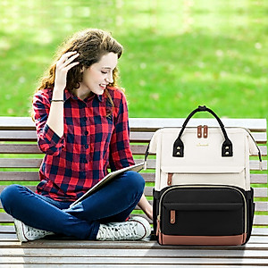 LOVEVOOK Laptop Backpack Purse for Women Men, Nurse Work Business Travel Backpack Bag, Wide Open Backpack, Lightweight Water Resistent Daypack with USB Charging Port, 17.3 inch, Beige-Black-Brown