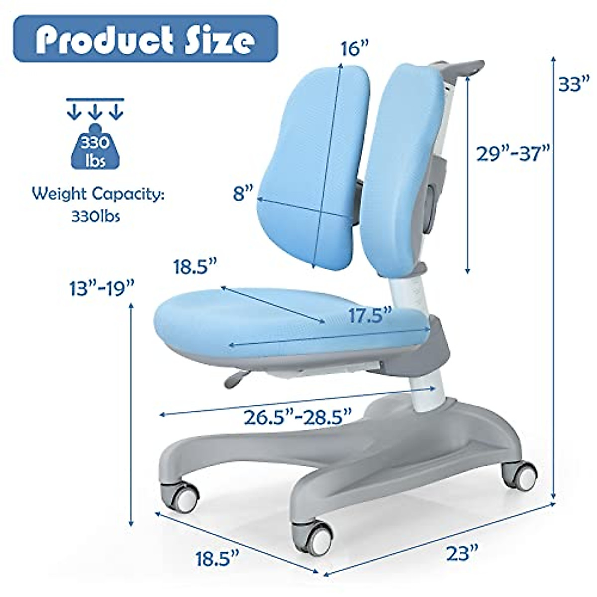 Costzon Kids Chair, Adjustable Height Student Chair w/Sit-Brake Casters, Lumbar Support, Seat Depth Adjustable, Home School Ergonomic Computer Chair for 3-18 Years Old, Kids Desk Chair (Blue)