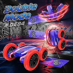 DEERC Spider Remote Control Car - Double Sided Mini RC Stunt Car, 360°Rotating 4WD Off-Road RC Cars with Headlights 2.4Ghz Indoor/Outdoor Rechargeable Toy Car for Boys Age 4-7 8-12 Birthday Xmas Gift
