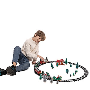 JOYIN Christmas Train Set with Real Smoke, Battery Operated Electric Train Set Including Steam Locomotive Engine, Passenger Car, Gift Car, 2 Xmas Elves, 1 Santa Santa and More! Best Xmas Train Gifts