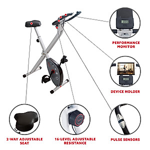 Sunny Health & Fitness Comfort XL Ultra Cushioned Seat Folding Exercise Bike with Device Holder, Gray - SF-B2989