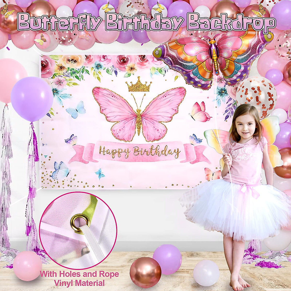 Winrayk Butterfly Birthday Party Decorations Girls Women, Pink Purple Butterfly Balloons Arch & Backdrop Tablecloth Butterfly Wall Decor Foil Balloons, Fairy Butterfly Theme Party Decorations Supplies
