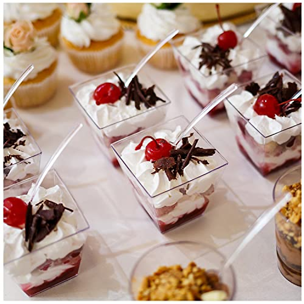 EASERCY 75 Pack 3 oz / 4.8 oz / 5 oz Plastic Dessert Cups with Lids and Spoons, Parfait Cups with Lids Appetizer Cups for Party, Mini Dessert Cups with Spoons for Pudding Fruit