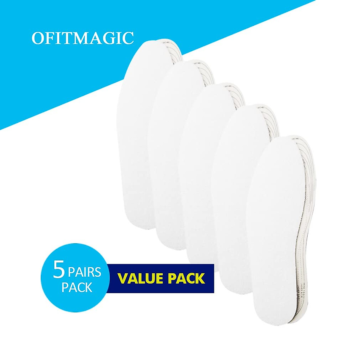 5 Pairs Odor Control Summer Pure Cotton Terry Cloth Shoe Insoles,Absorbs Sweat & Controls Odor Ideal for Wear Without Socks,Barefoot Shoe Inserts