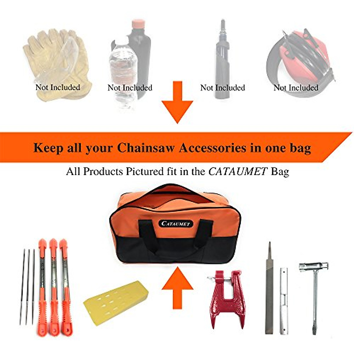 Cataumet Chainsaw Sharpener File Kit Includes 3 Round Files Sizes 5/32" 3/16" 7/32" with 3 Sharpening Guide Handles 1 Stump Vise 1 Felling Wedge 1 Flat File1 Depth Gauge 1 Wrench 1 Large Field Bag