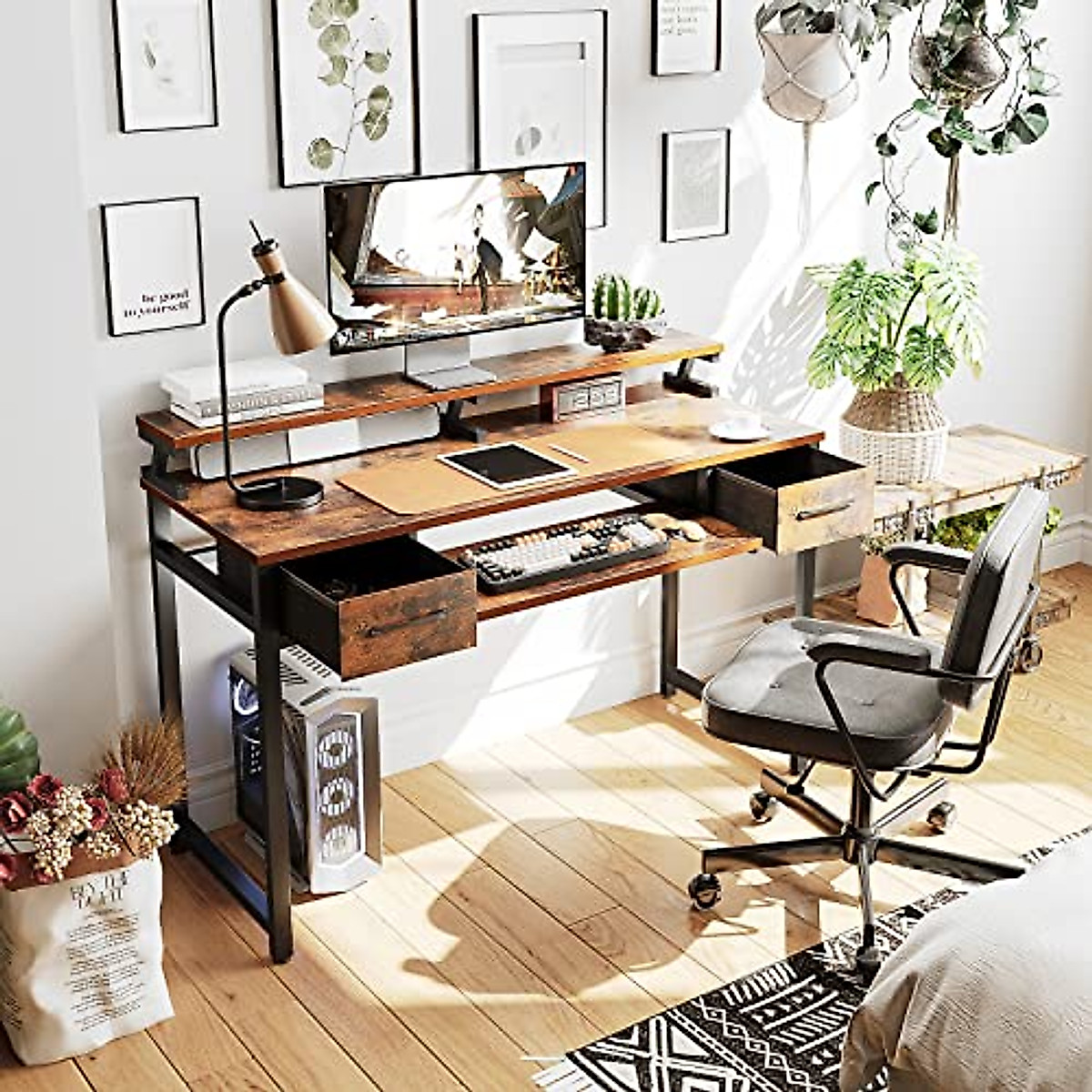 ODK Computer Desk with Keyboard Tray and Drawers, 48 inch Office Desk with Storage, Writing Desk with Monitor Shelf, Work Desk Workstation for Home Office/Bedroom, Rustic Brown