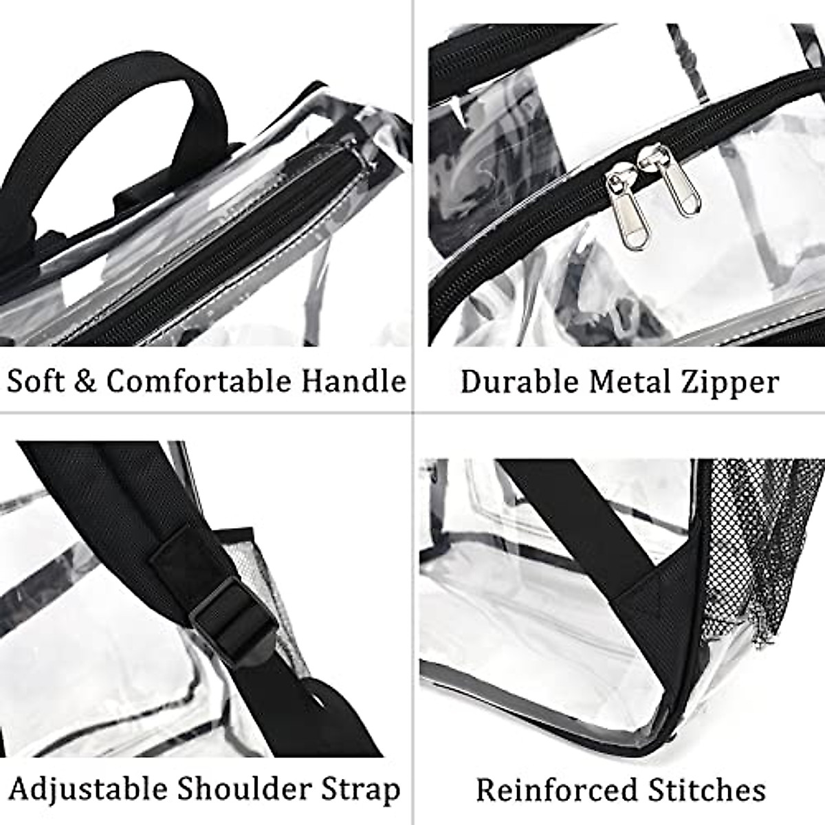 Clear Backpack Heavy Duty, Large PVC See Through Backpack with Water Bottle Holder, Clear Book bags Clear School Backpack for School, Stadium, Football Games, College (Black)