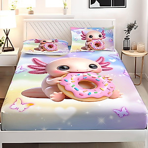AILONEN Cute Axolotl Fitted Sheet Set Full Size,3-Piece Doughnut Axolotl Bed Sheet Set for Kids Girls All Season,Pretty Butterfly Design Axolotl Print Fitted Sheet with 2 Pillowcases,Microfiber